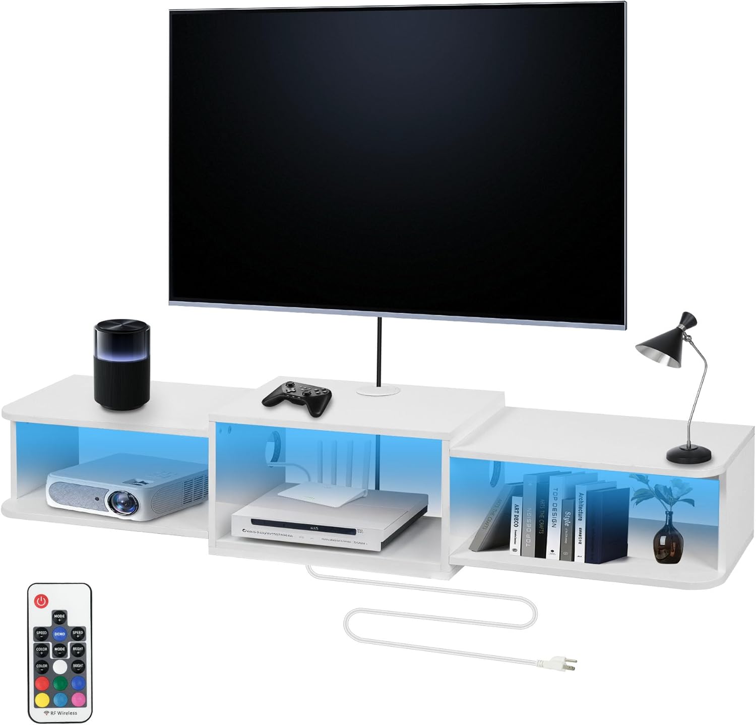 47.2'' Wall-Mounted Floating TV Stand with LED Lighting, Modern Wooden ...