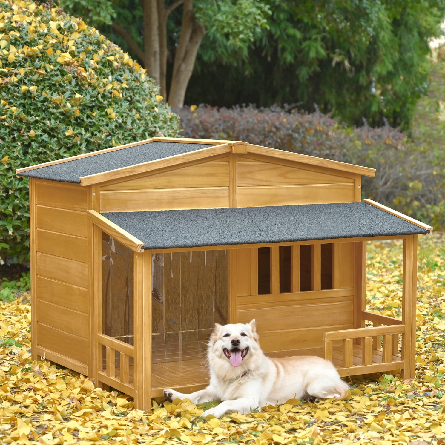 47.2" Weatherproof Pine Dog House With Porch and Windows, Raised Floor ...
