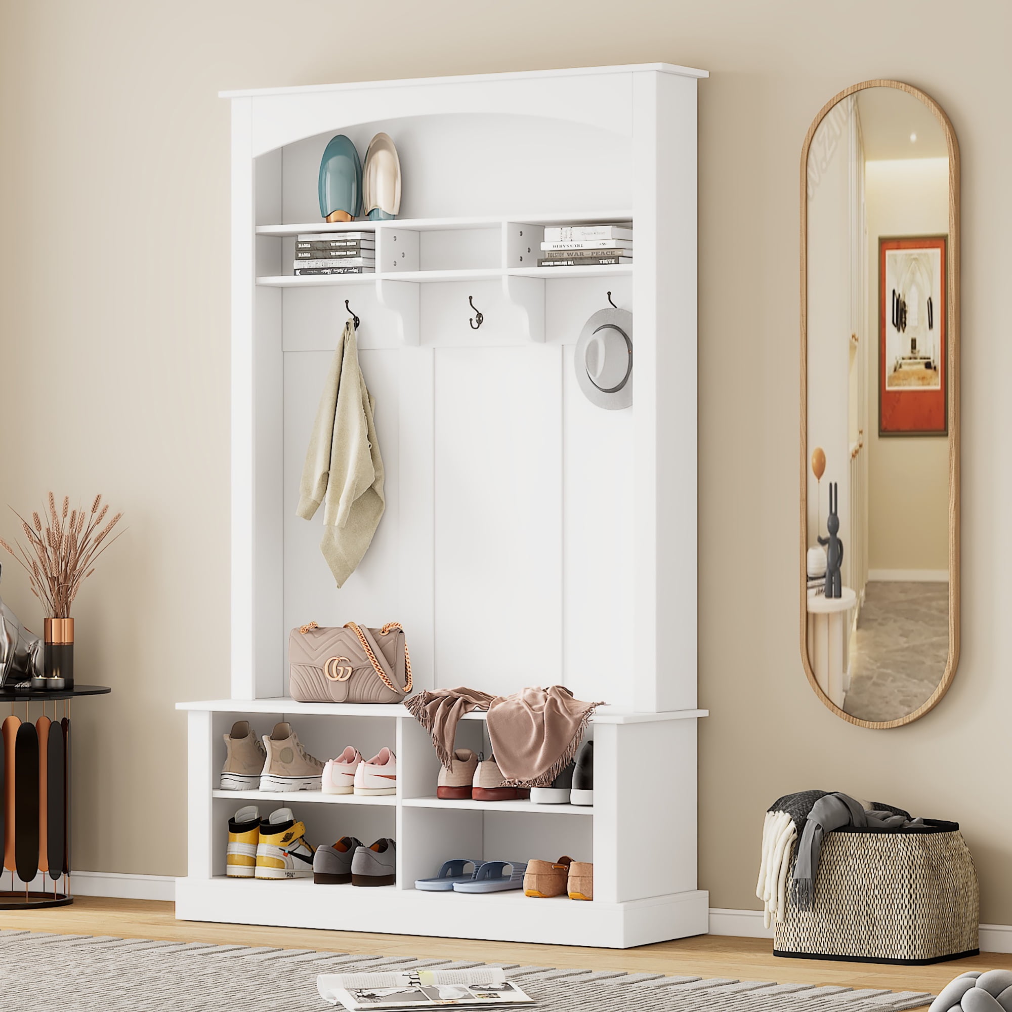 47.2'' Wide Hall Tree with Bench and Shoe Storage, Multi-functional ...