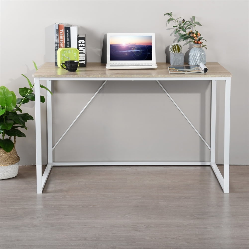 47.2-inch Computer Desk with Metal Bracket and Poplar Wood Top, Modern ...