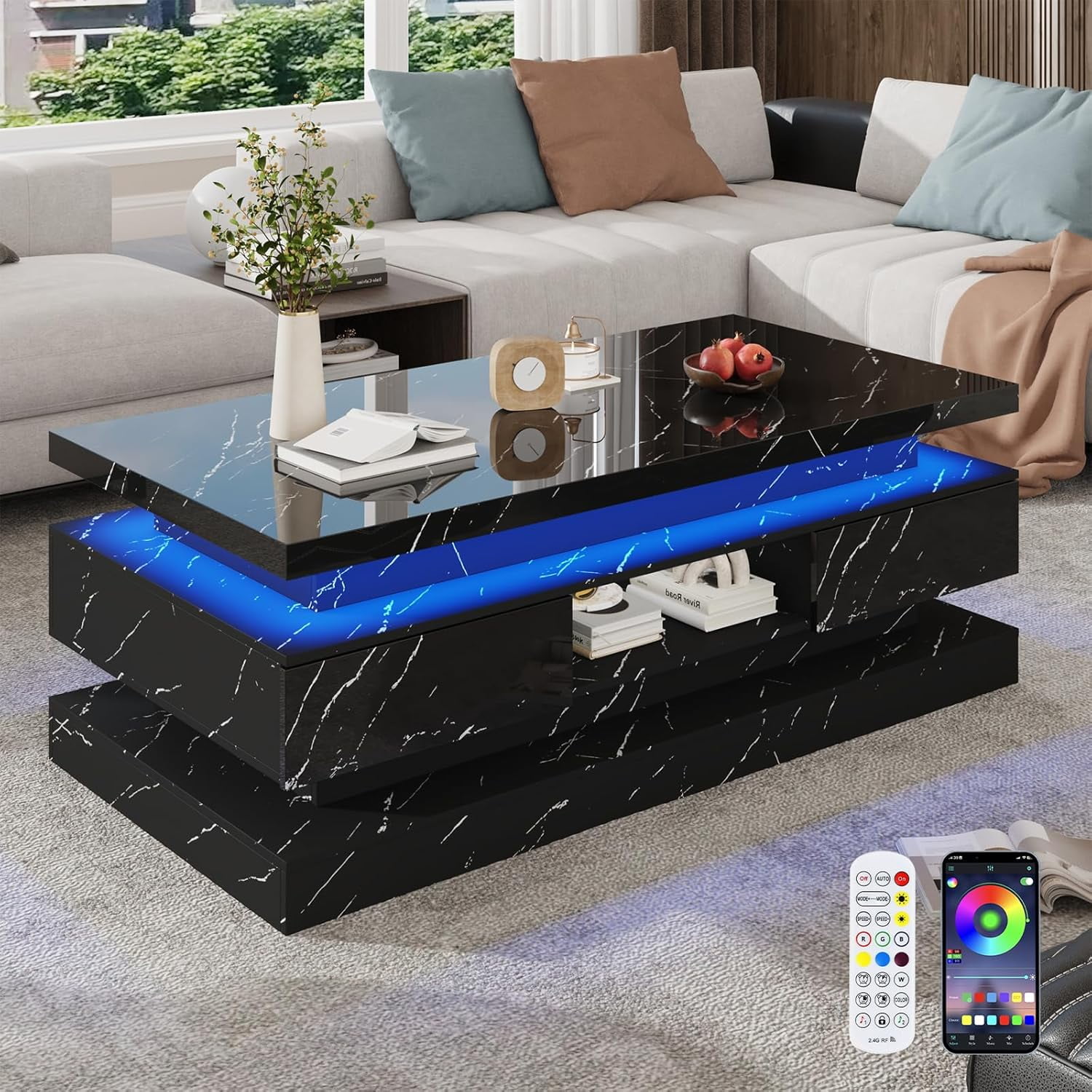 47.2 inch Modern High Glossy LED Coffee Table with 2 Sliding Drawers ...