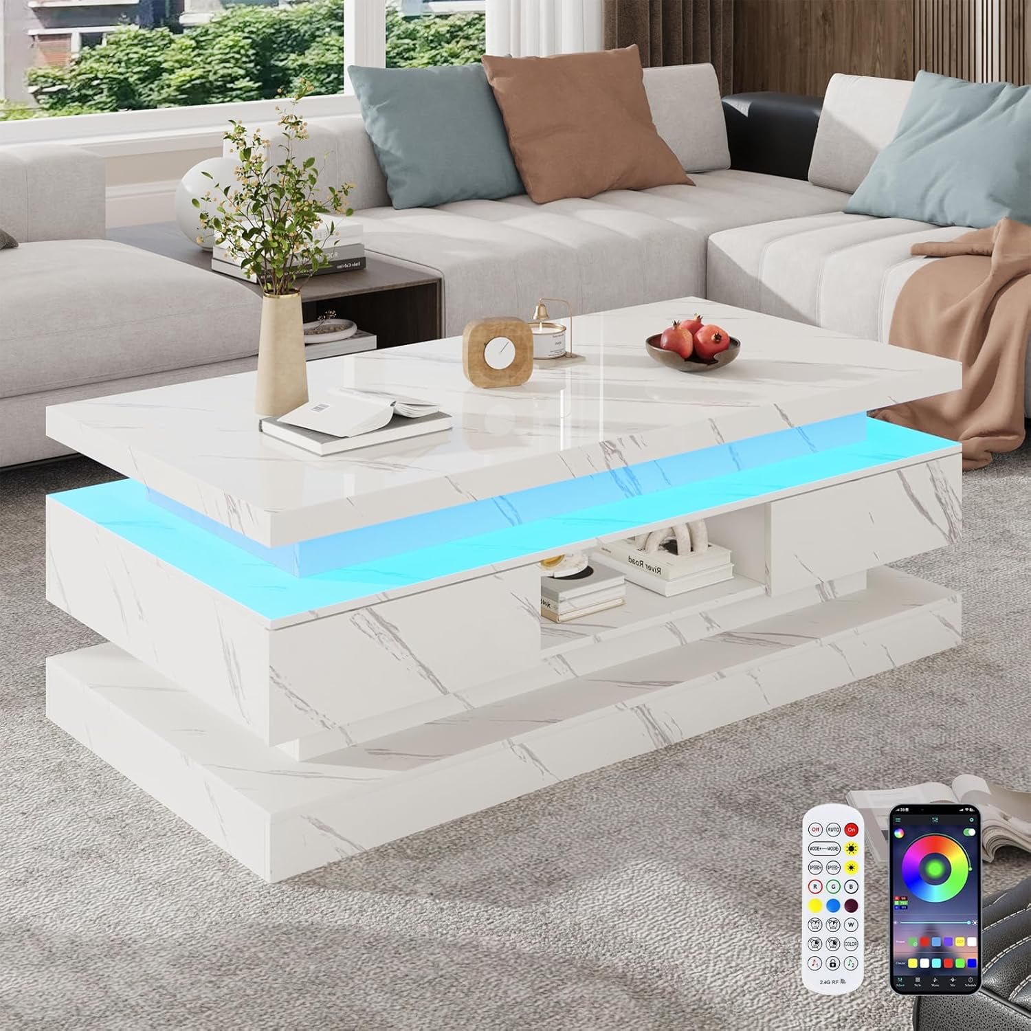 47.2 inch Modern High Glossy LED Coffee Table with 2 Sliding Drawers ...