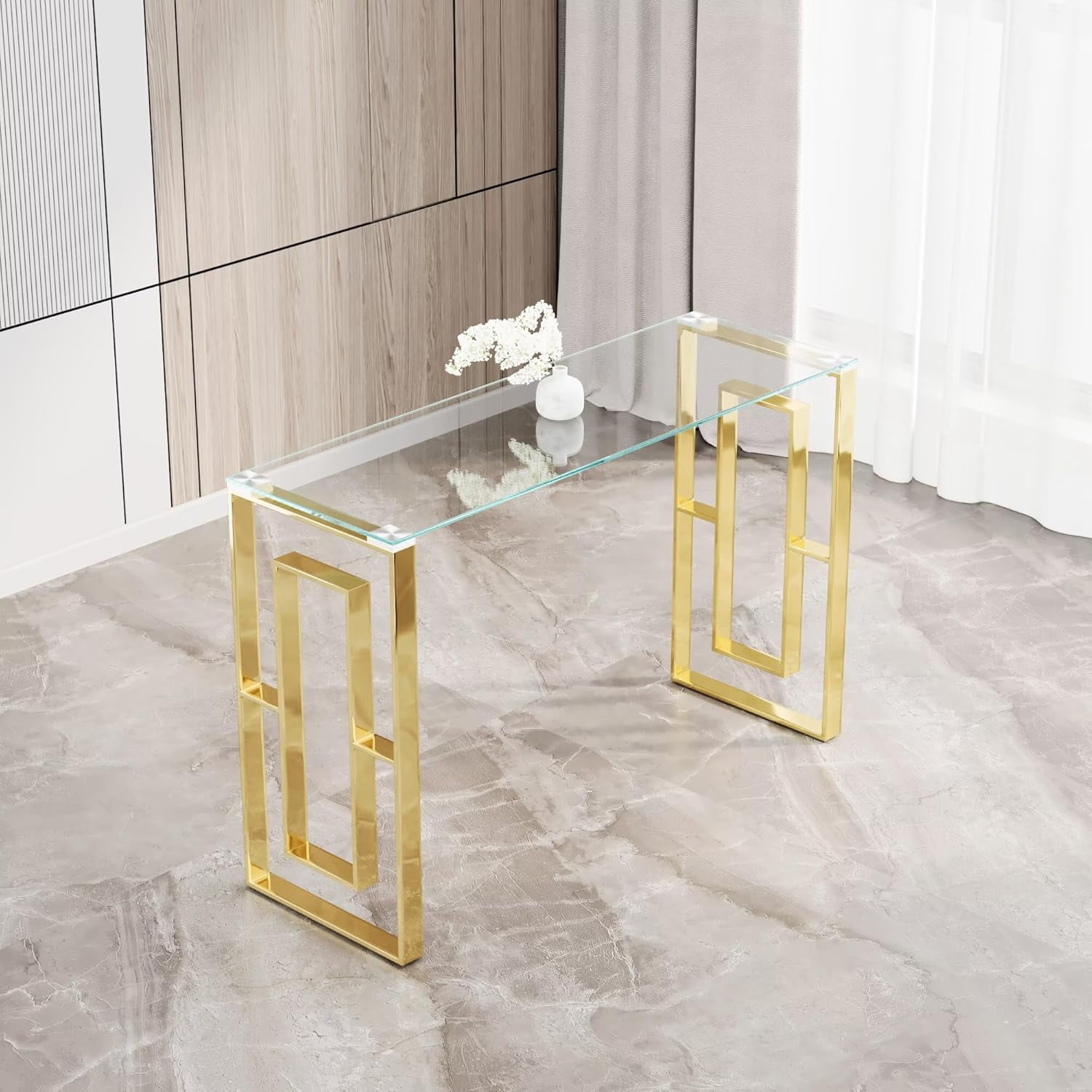 47.24" Console Table Stainless Steel Glass,Meal Side Table Golden Clear ...