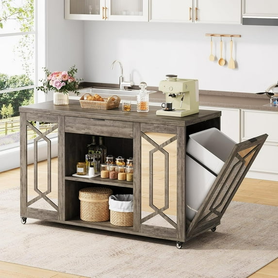 47.24" Kitchen Island with Trash Can Storage, Rolling Kitchen Cart with ...