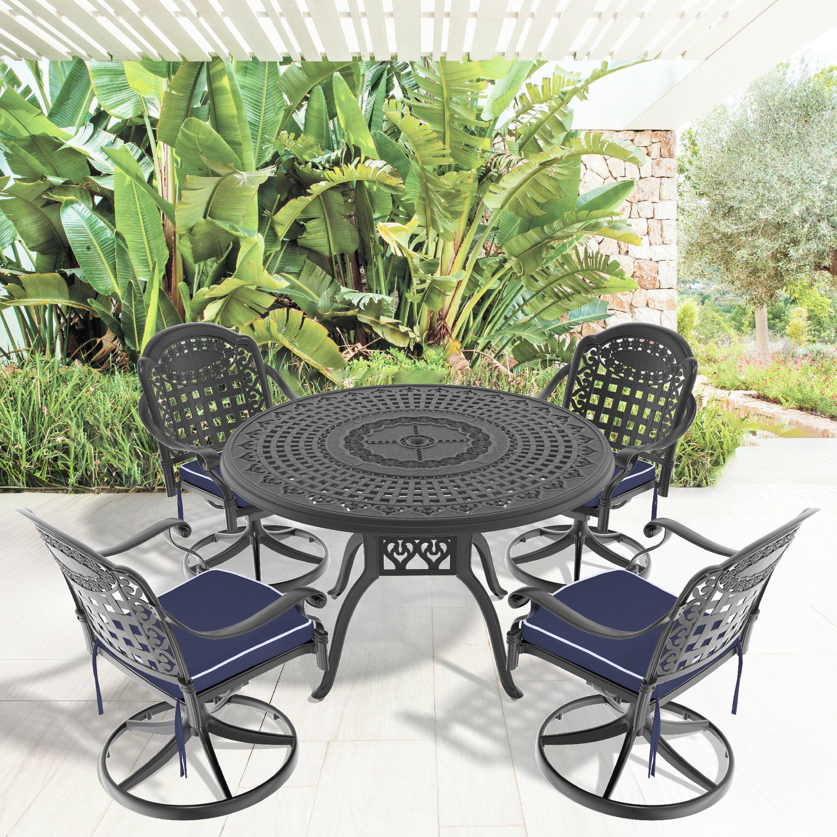 47.24" Round Table and 4 Swivel Chairs Aluminum Set | UV-Resistant ...