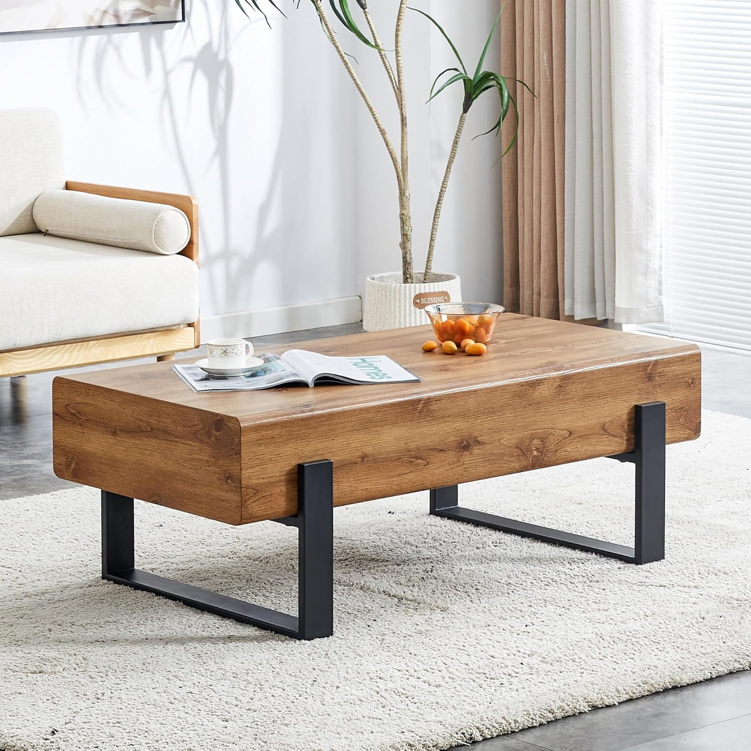 47.24'' Rustic Rectangle Coffee Table MDF Desktop with Metal Legs for ...