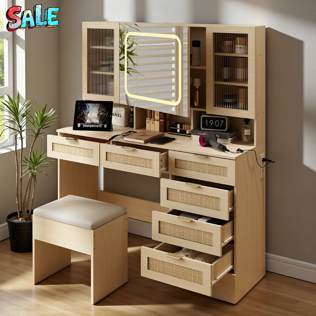 47.24" Vanity Set with Stool in Natural Finish, Makeup Table with ...