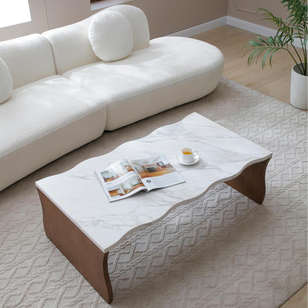 47.24" Whisper of Waves Modern Coffee Table, White Faux Marble Table ...