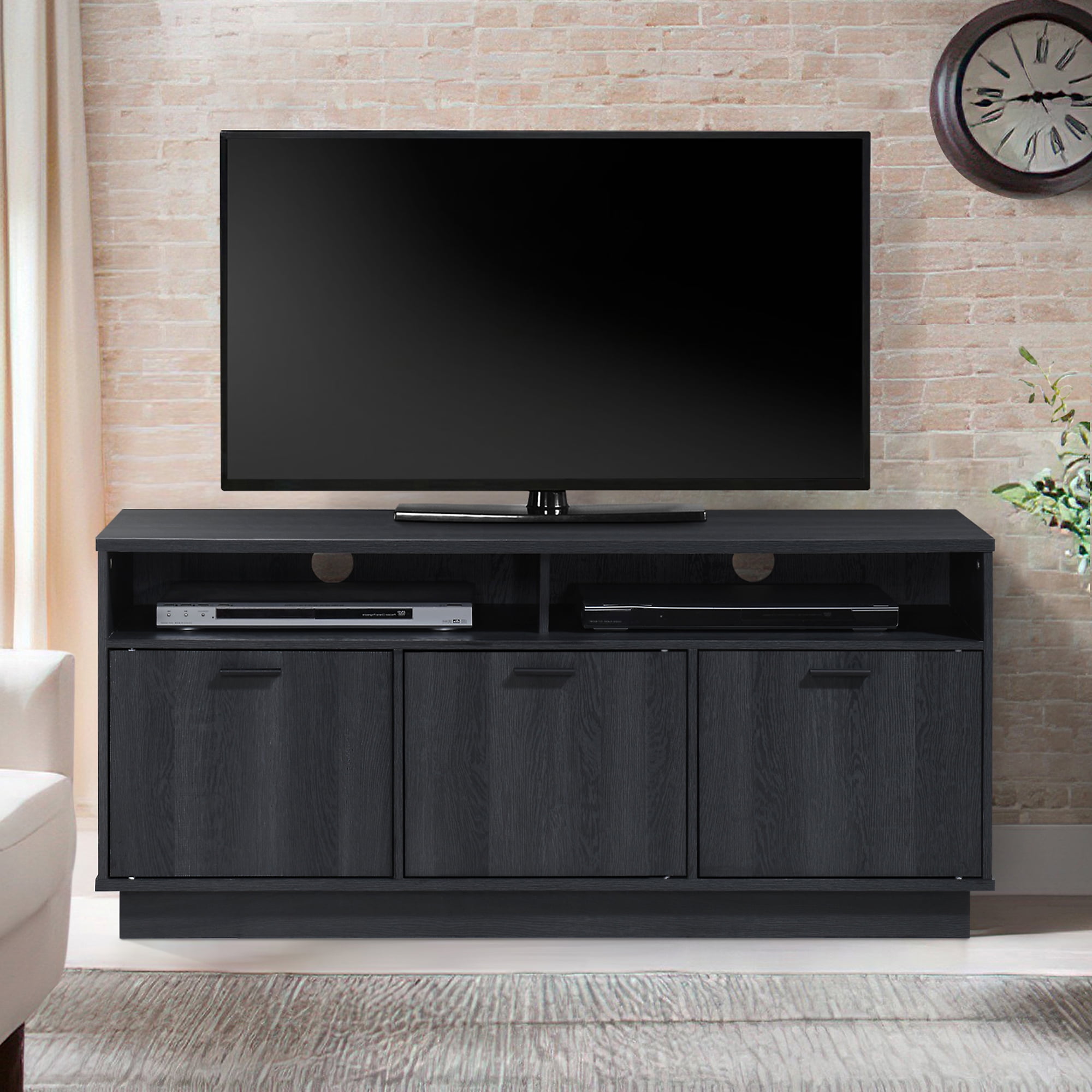 47.24 in. Charcoal Oak Wood TV Stand with 3 Storage Cabinets Fits TV's ...