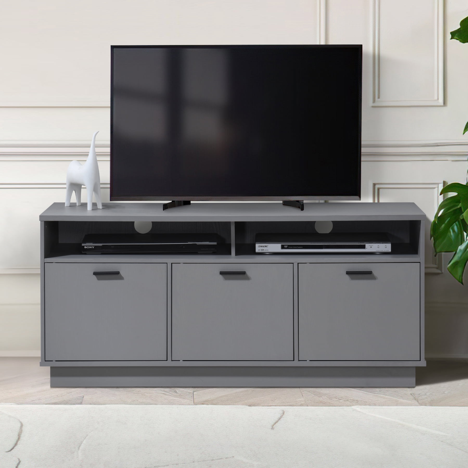 47.24 in. Grey Wood TV Stand with 3 Storage Cabinets Fits TV's up to 55 ...