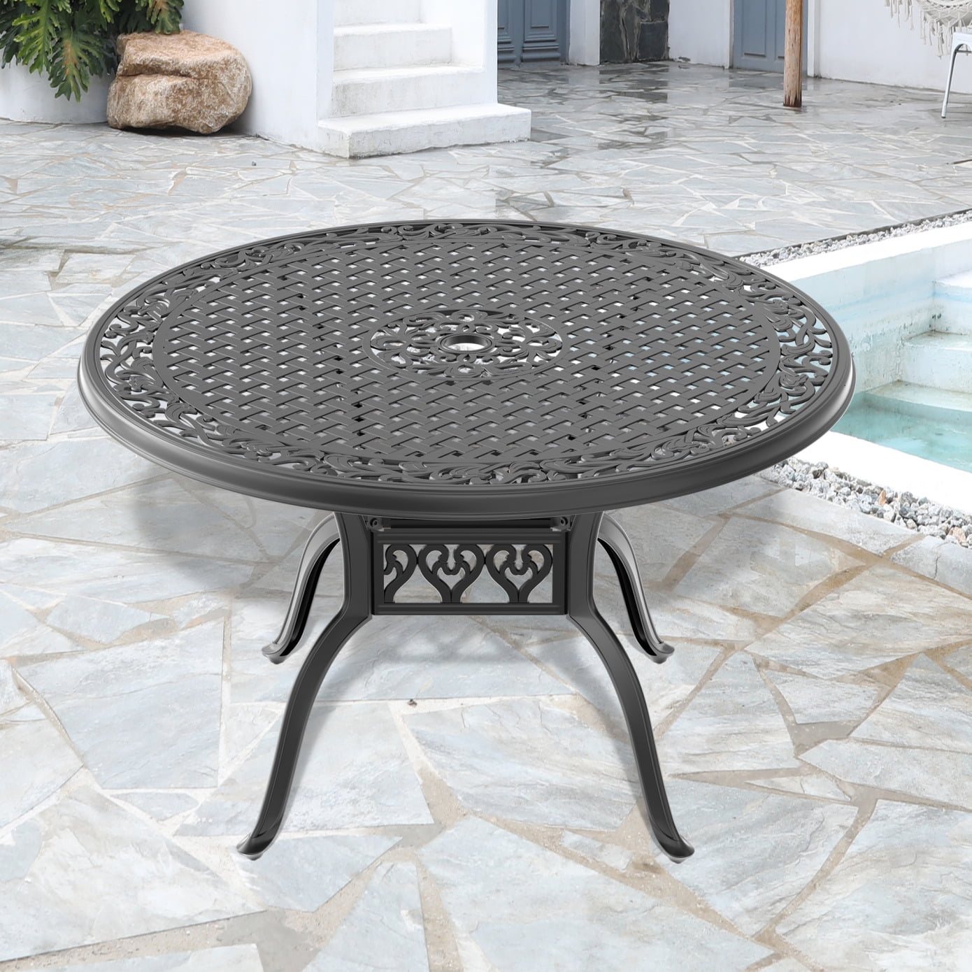 47.24-inch Round Cast Aluminum Outdoor Dining Table with Black Frame ...