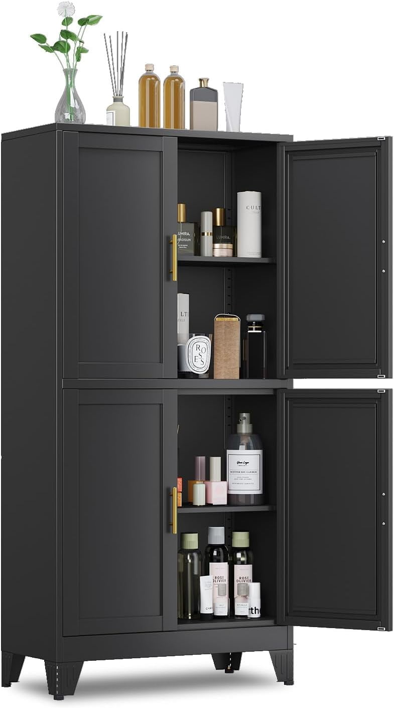 47.25" Metal Storage Cabinet, Black Kitchen Food Storage with 4 Door ...