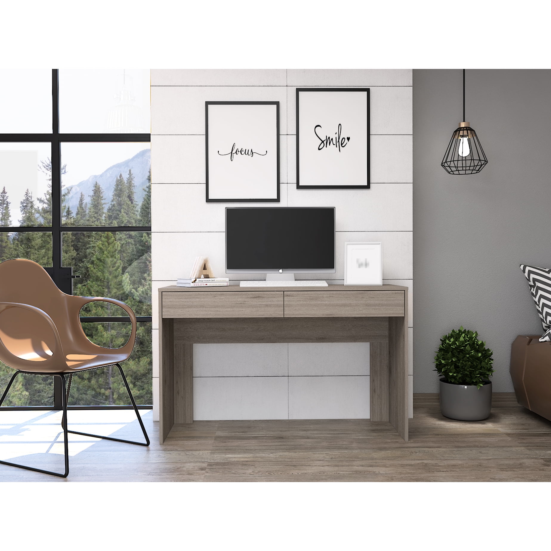 47.3" Computer Desk With Two Drawers, Grey, Modern Office Setup ...