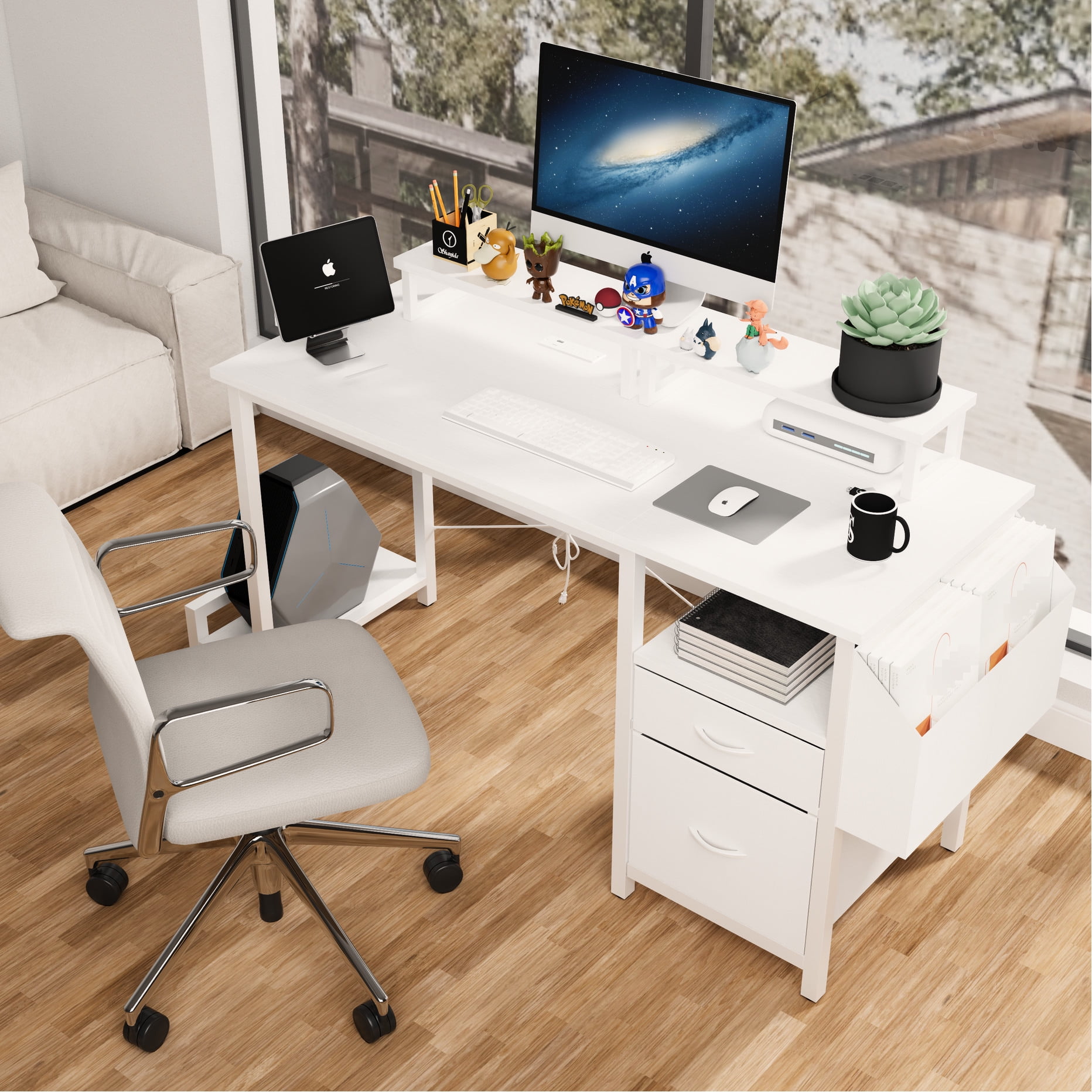 47.3" Modern Desk With Power Plug, 2 Monitor Stands, Drawers, Side ...