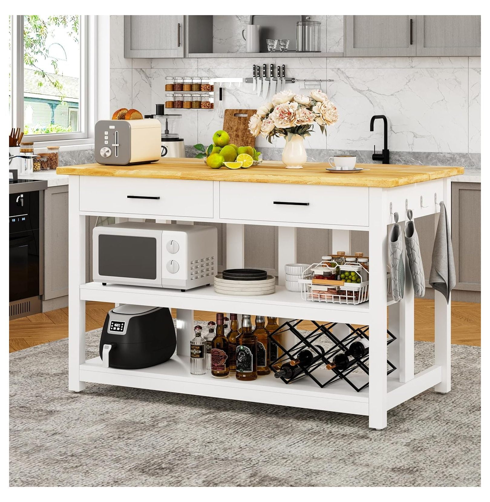 47.3" Solid Rubberwood Kitchen Island with Power Outlets - Extra Large ...