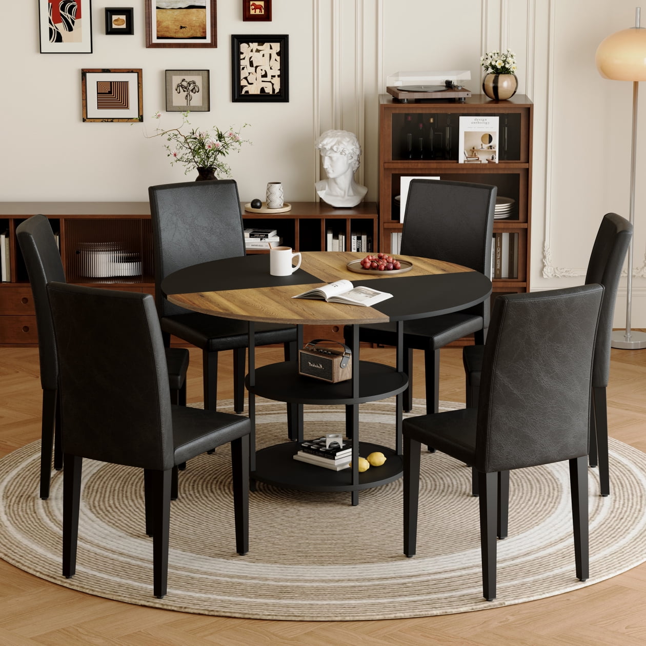 47.3''Spliced Color Circular Dining Table with Dual Layer Storage Space ...