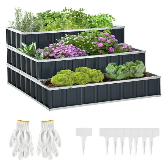 47" 3-Tier Steel Raised Garden Bed with Gloves, Elevated Planter Box ...