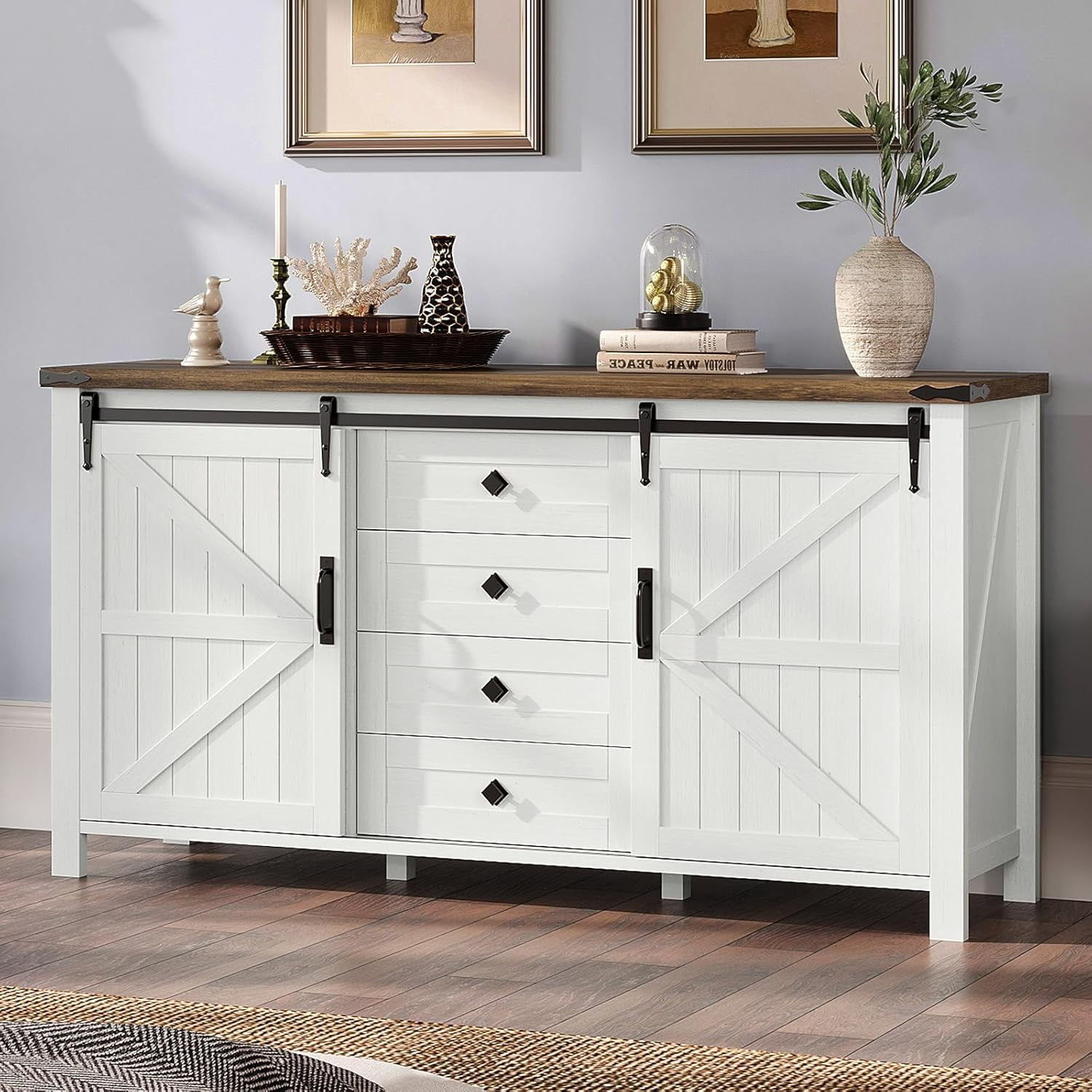 47" Farmhouse Dresser with Sliding Barn Doors Chest of 4 Drawers ...