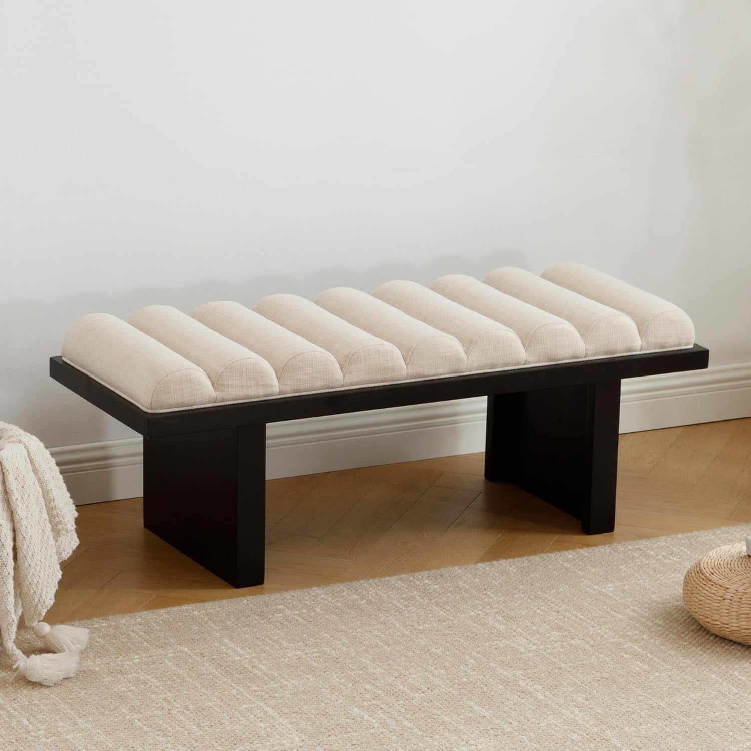 47" Modern Bed Bench Dining Bench with Natural Legs Upholstered Linen ...