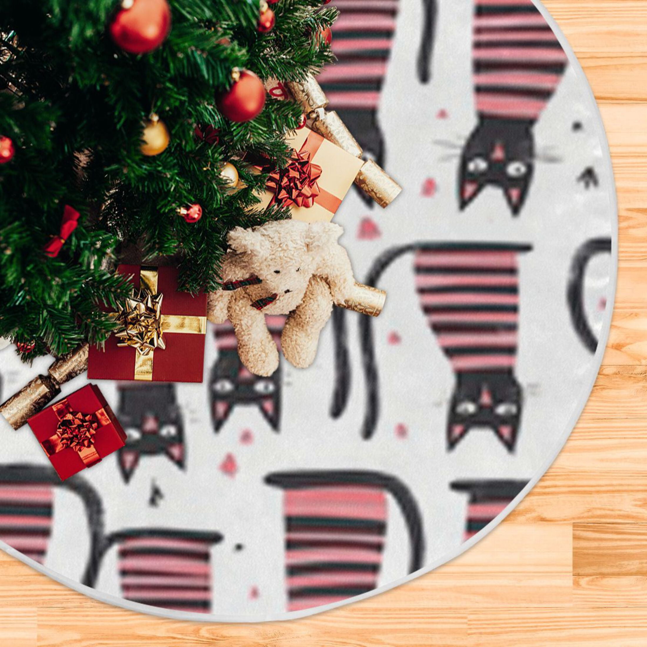47/35 Inch Christmas Tree Skirt Pink Striped Cat Polyester tree skirt ...