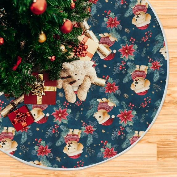 47/35 Inch Christmas Tree Skirt Poinsettia Christmas Dog Pattern ...