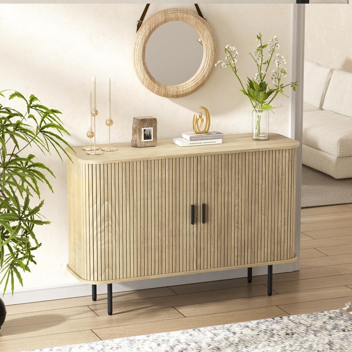 47''W x 32''H Buffet Sideboard Cabinet with Storage Natural Fluted Storage Accent Cabinet with ...