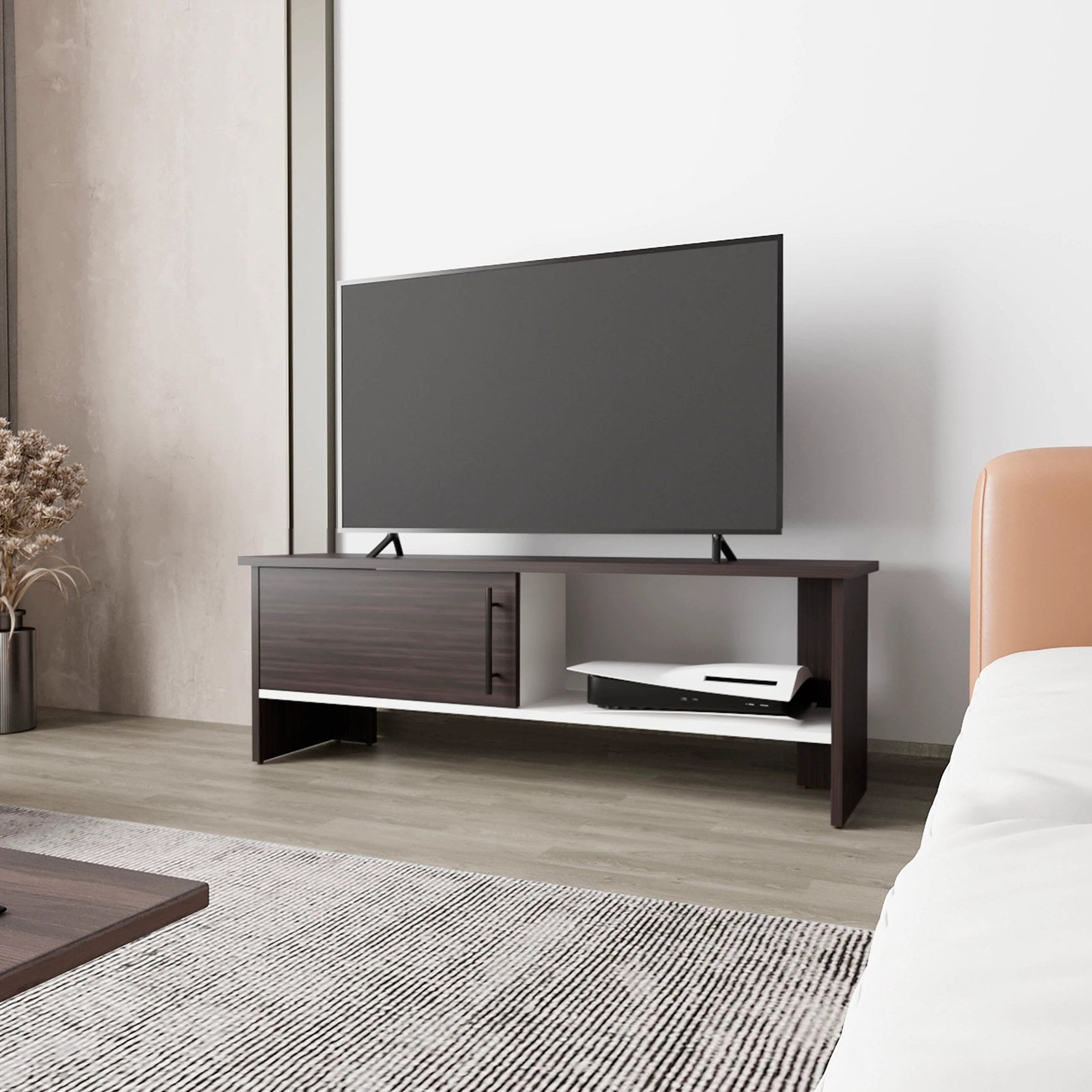 47.4-inch Wide Walnut Finish Entertainment Center | Two-Shelf Layout ...