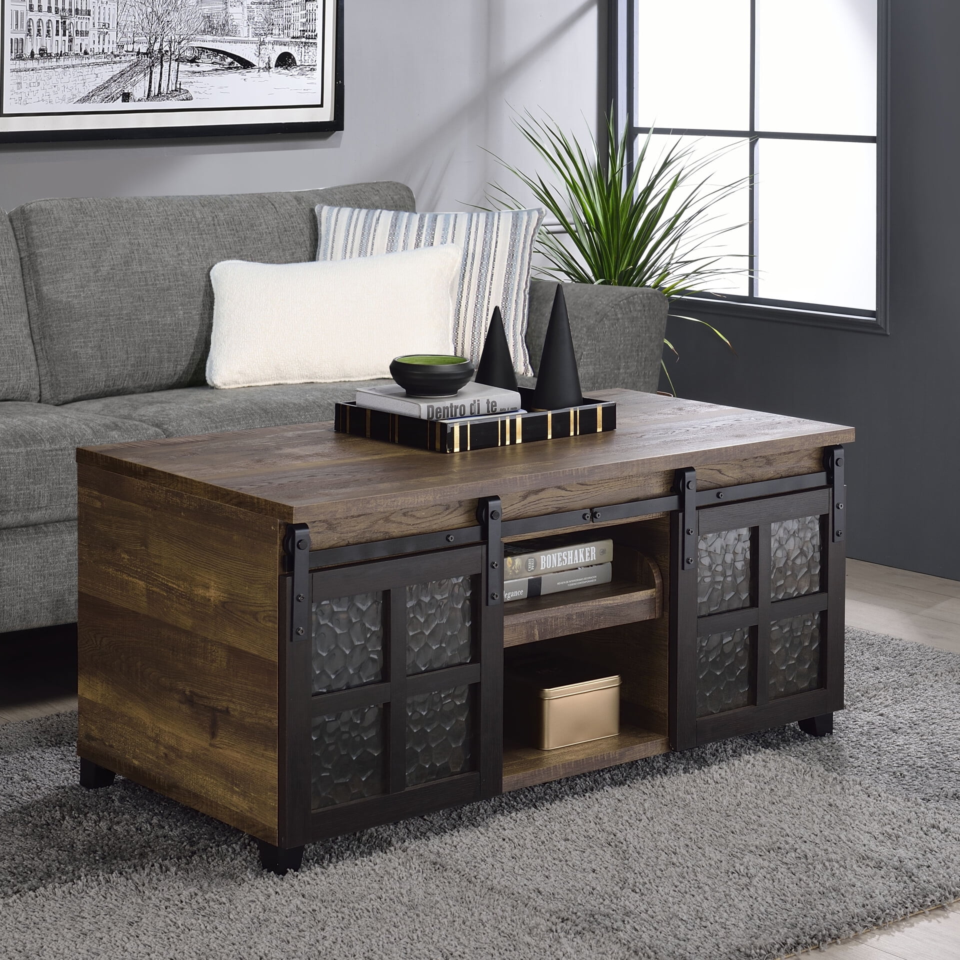 47.5"L Durable Coffee Table with Pull-out Tray,Rustic Style Side Table ...