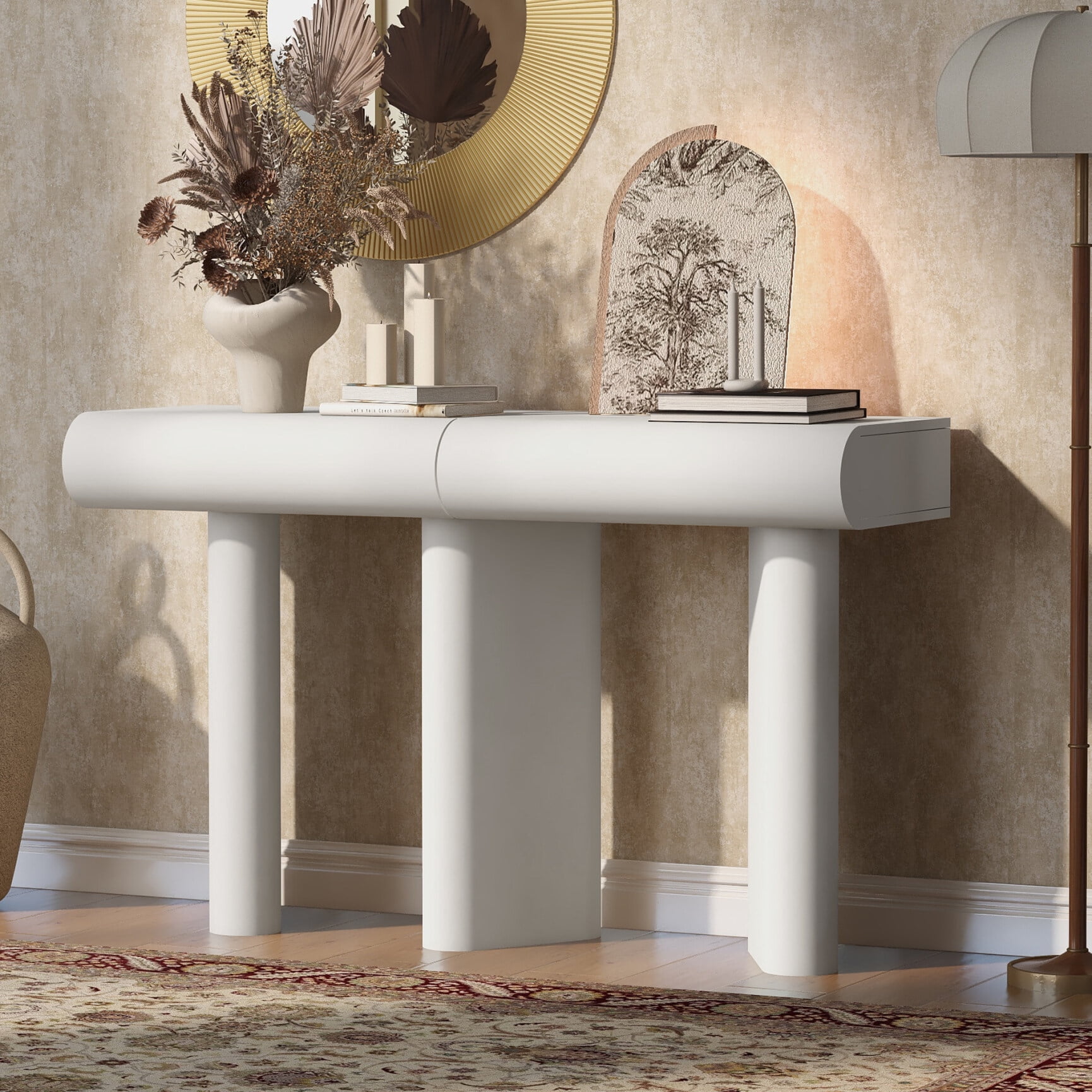47.6" Narrow Console Table with Curved Storage Drawers & Geometric Legs ...