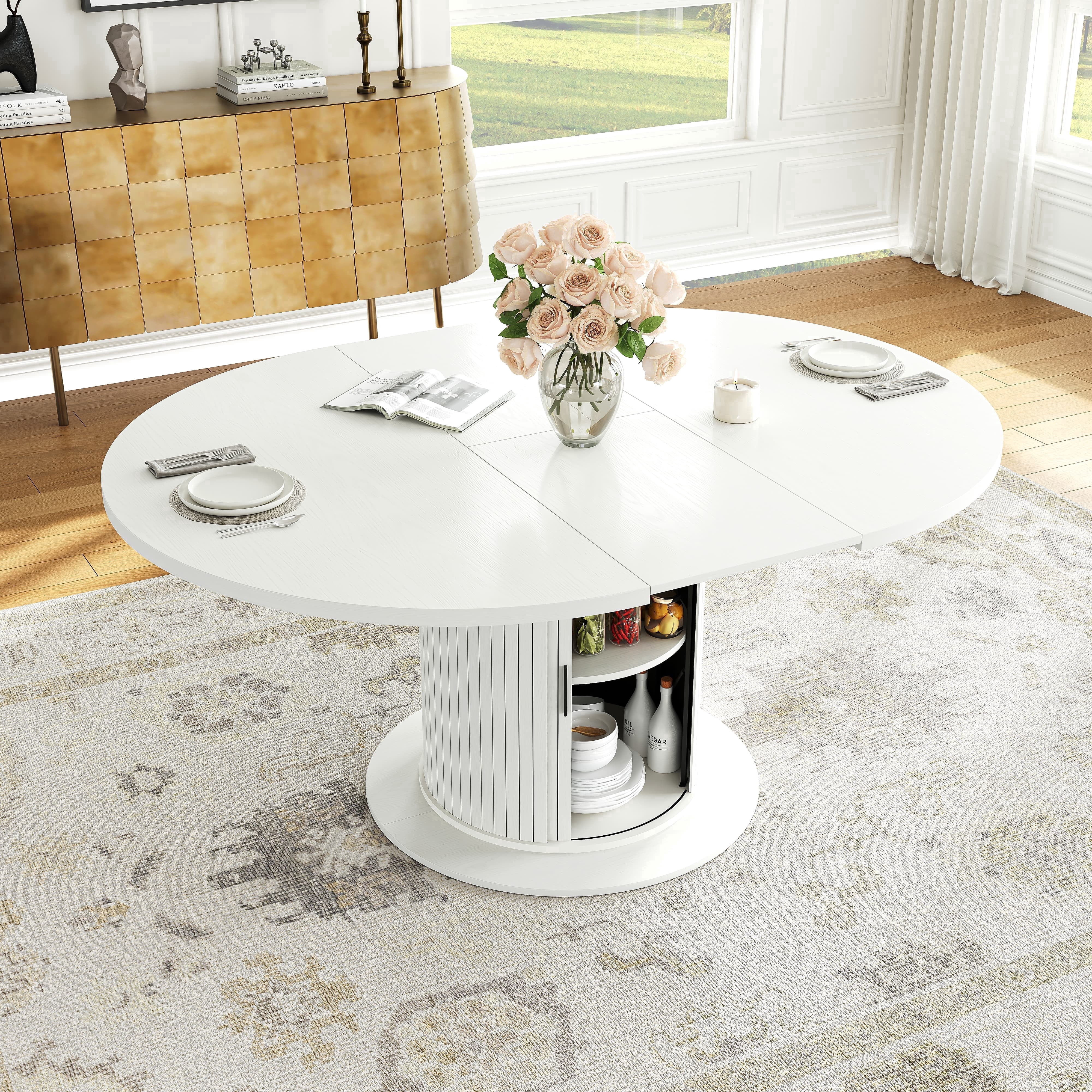 47"–63" Extendable Round Dining Table with Storage Shelf Base, Converts ...