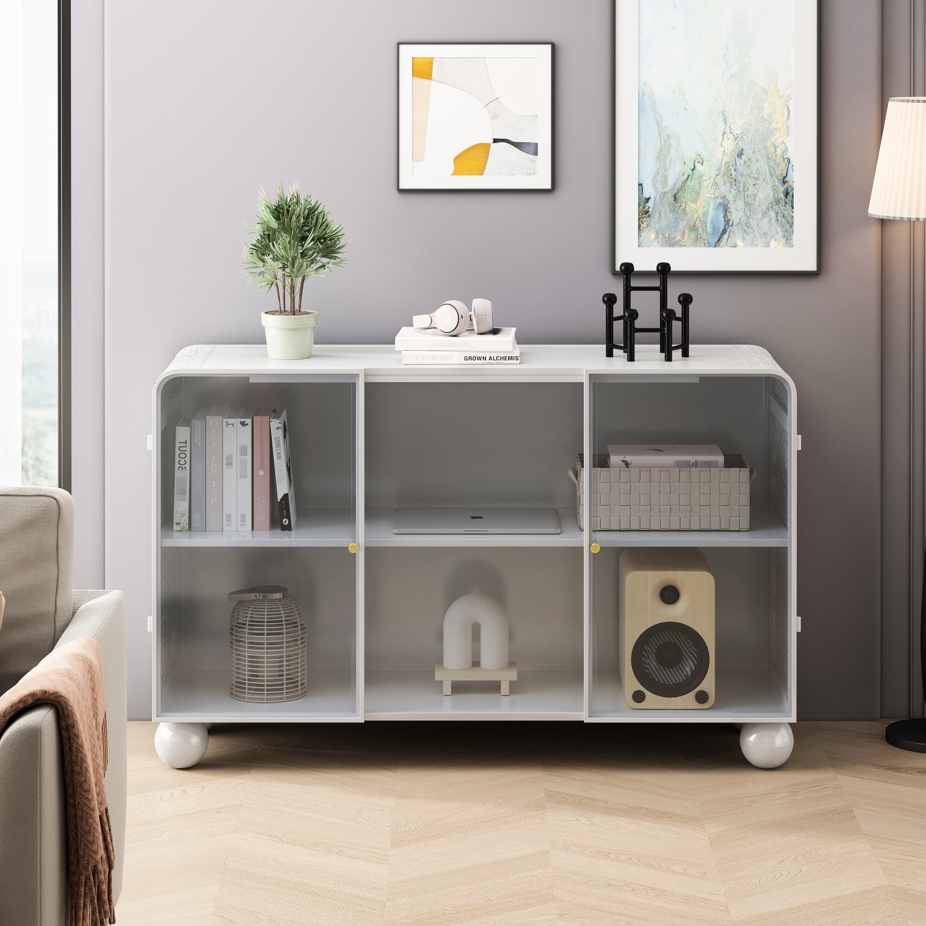 47.66" Glass Cabinet For Storage. White. Stylish Modern Three-door Iron ...