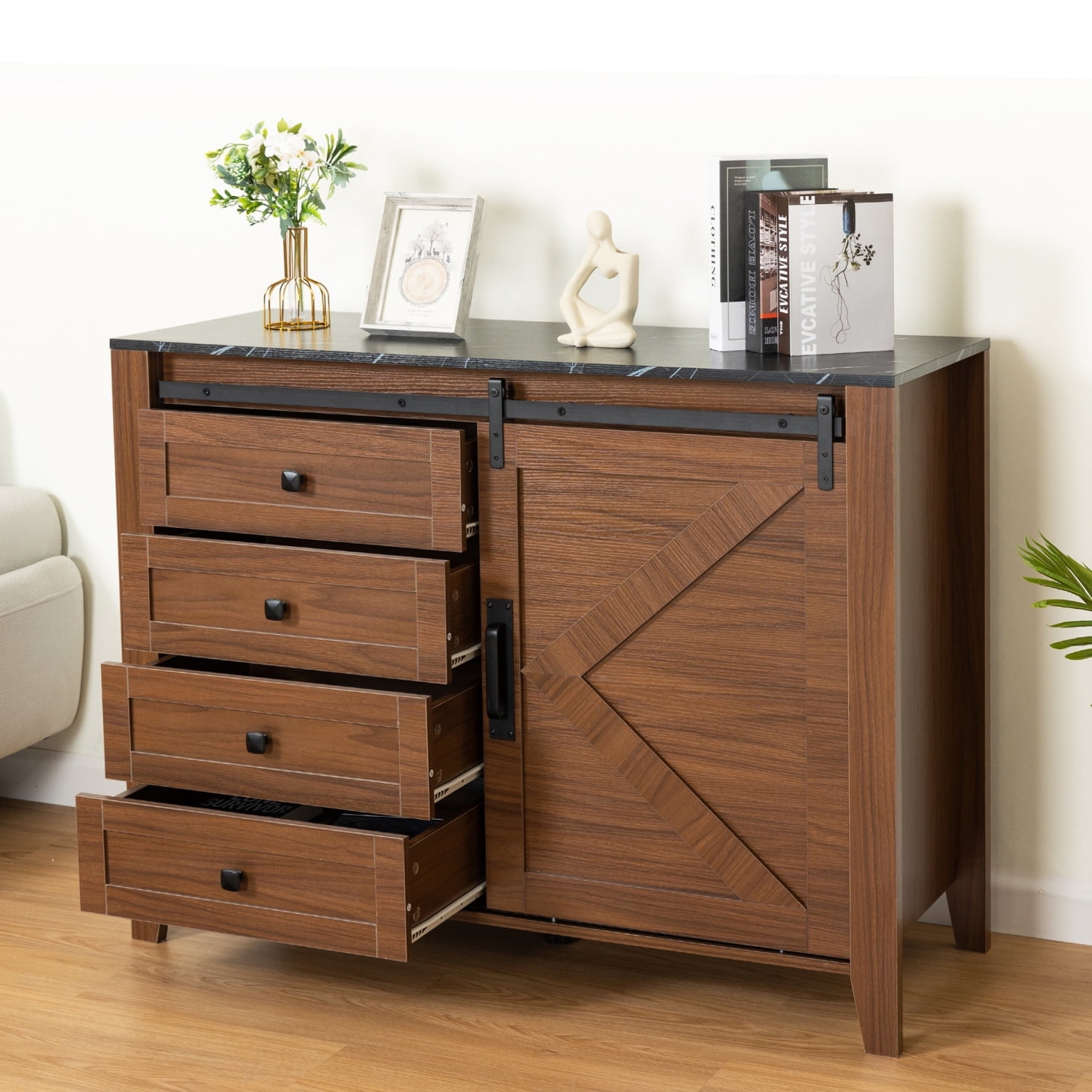 47" Accent Storage Cabinet, Modern Wooden Dresser Cabinet with 4 ...