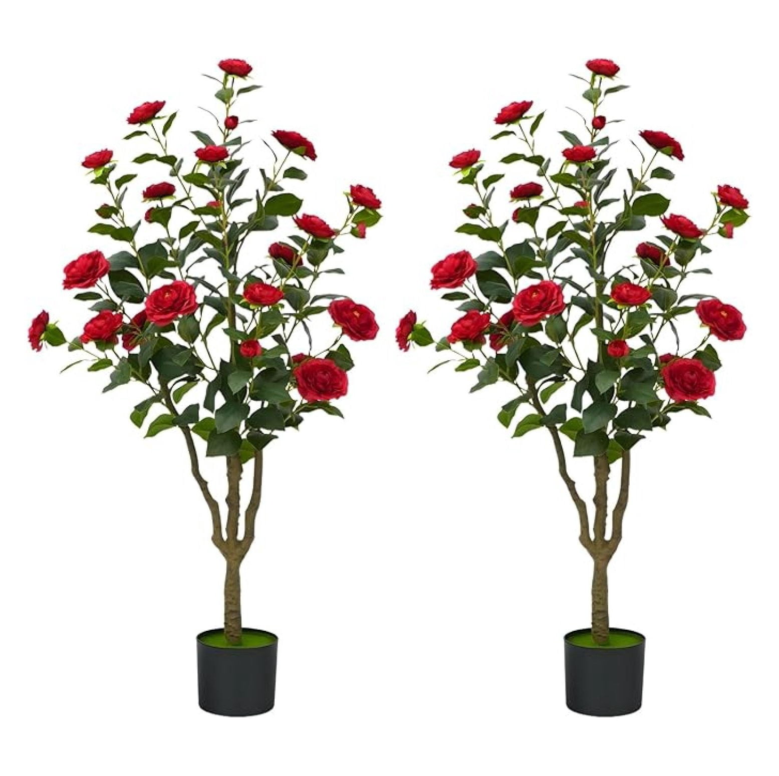 47'' Artificial Camellia Trees, 2 Pack Tall Faux Plants with Red ...