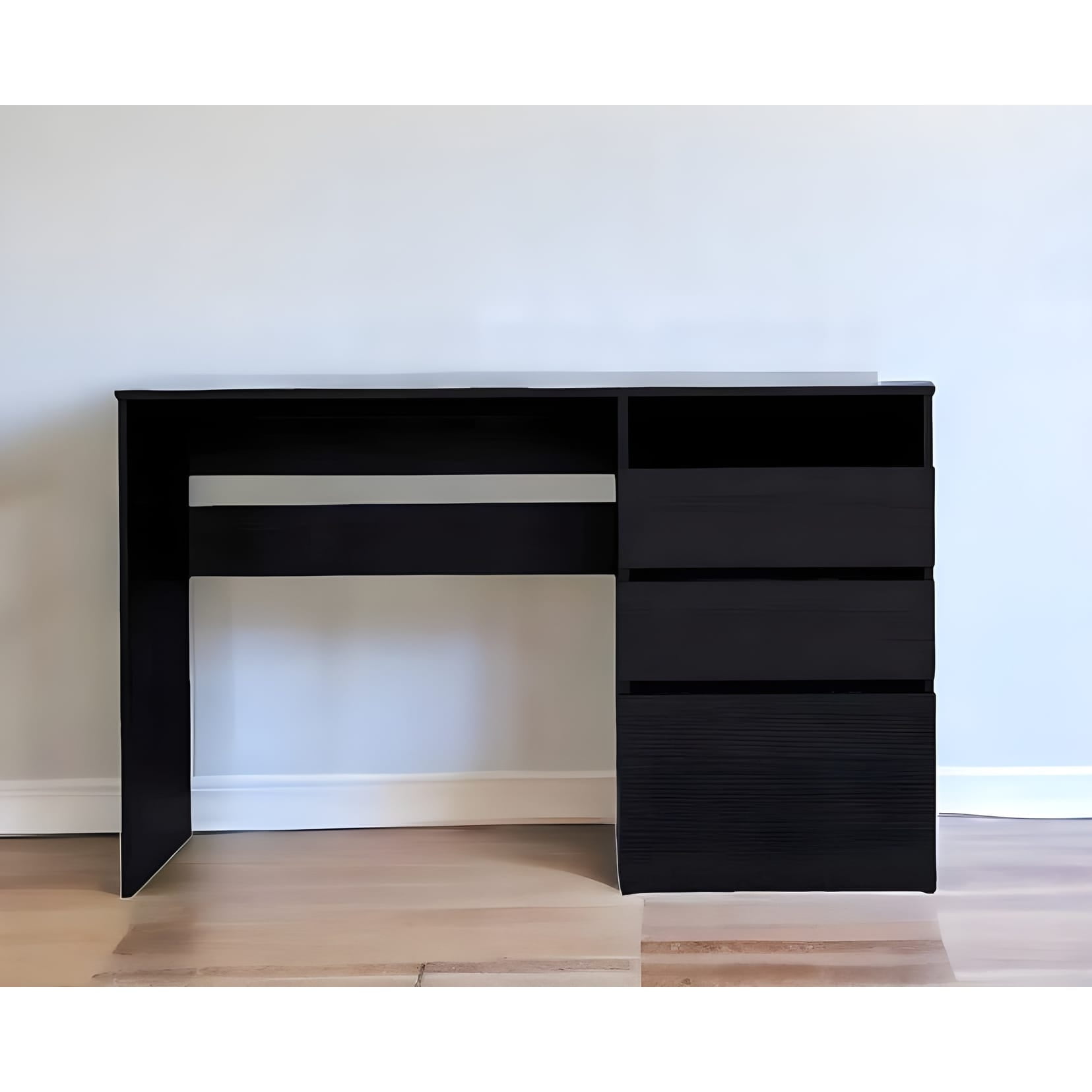 47" Black Computer Desk With Three Drawers Black Glossy Medium ...