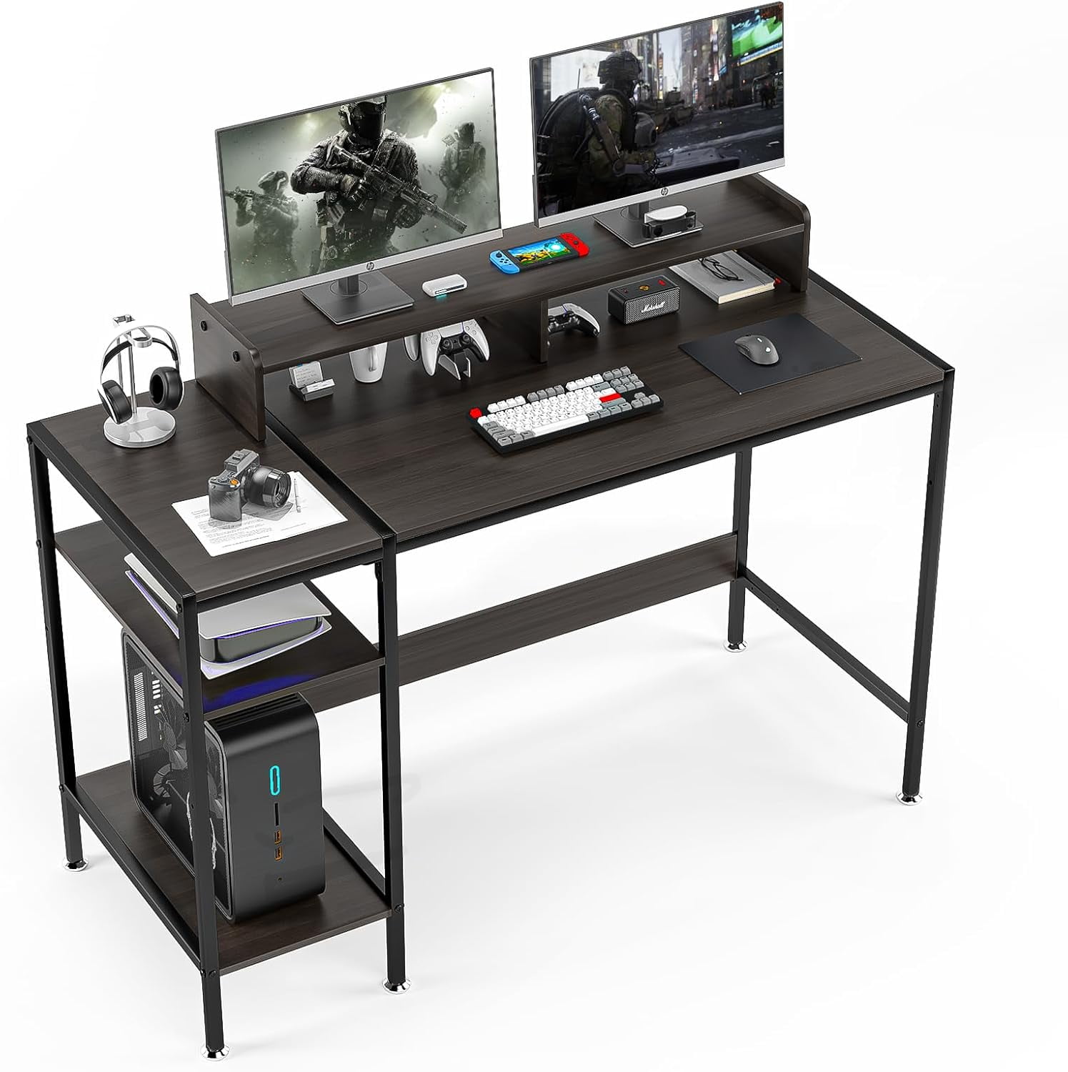 47" Black Gaming Computer Desk - Home Office Table with Monitor Stand ...