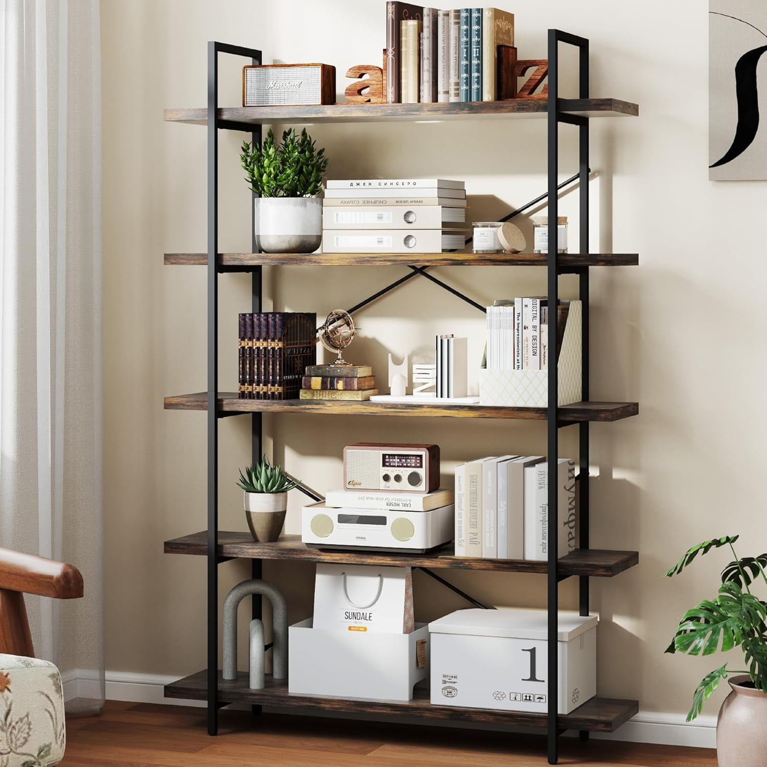 47'' Bookshelf, Industrial 5 Tier Bookcase with Steel Frame, Modern ...