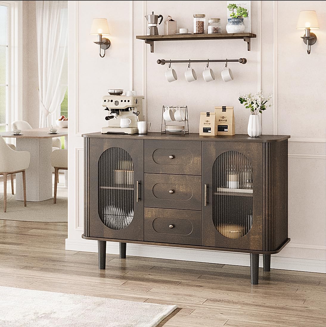 47"Buffet Cabinet with Storage,Sideboard Cabinet with Fluted Glass ...