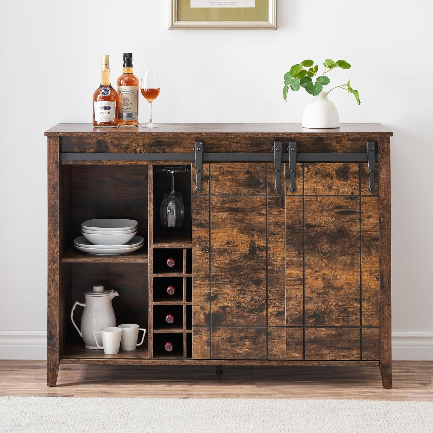 47" Coffee Bar Cabinet with 16 Wine & Glass Rack, Storage Shelves ...