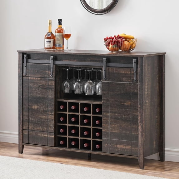 47" Coffee Bar Cabinet w/16 Wine & Glass Rack, Storage Shelves ...