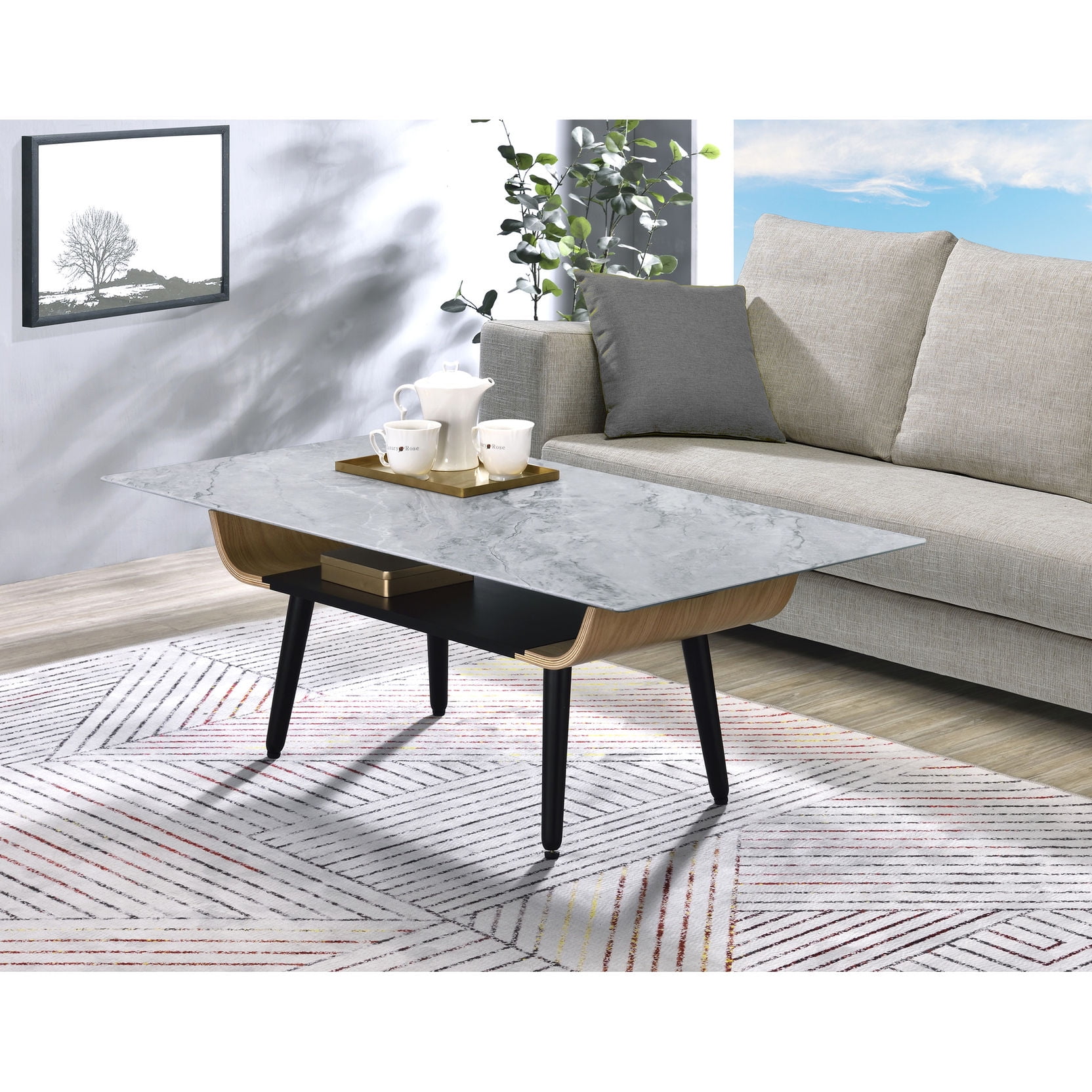 47" Coffee Table Featuring Bent Wood and Marble Glass / Adjustable Feet ...