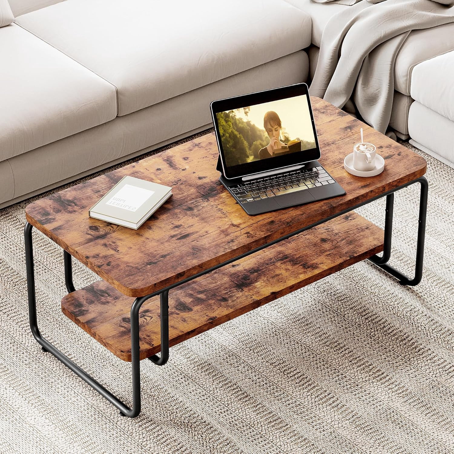 47" Coffee Table, Rectangle Coffee Table with 2-Tier Storage and ...