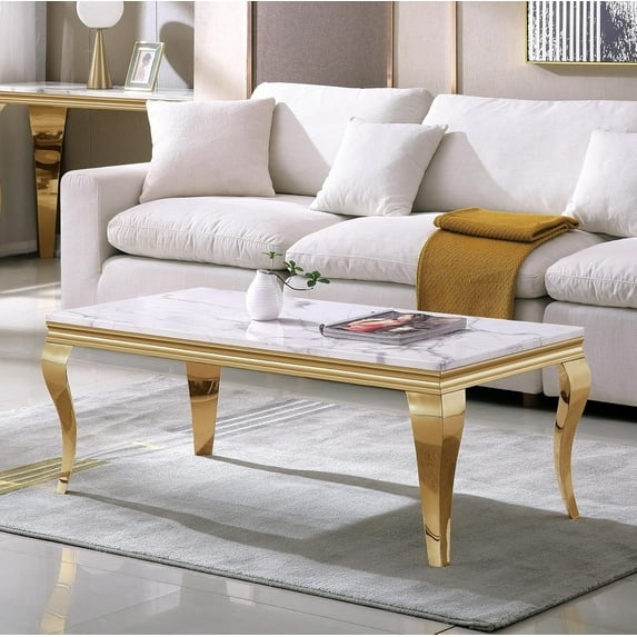 47" Coffee Table with White Marble Top, Modern Rectangle Faux Marble ...