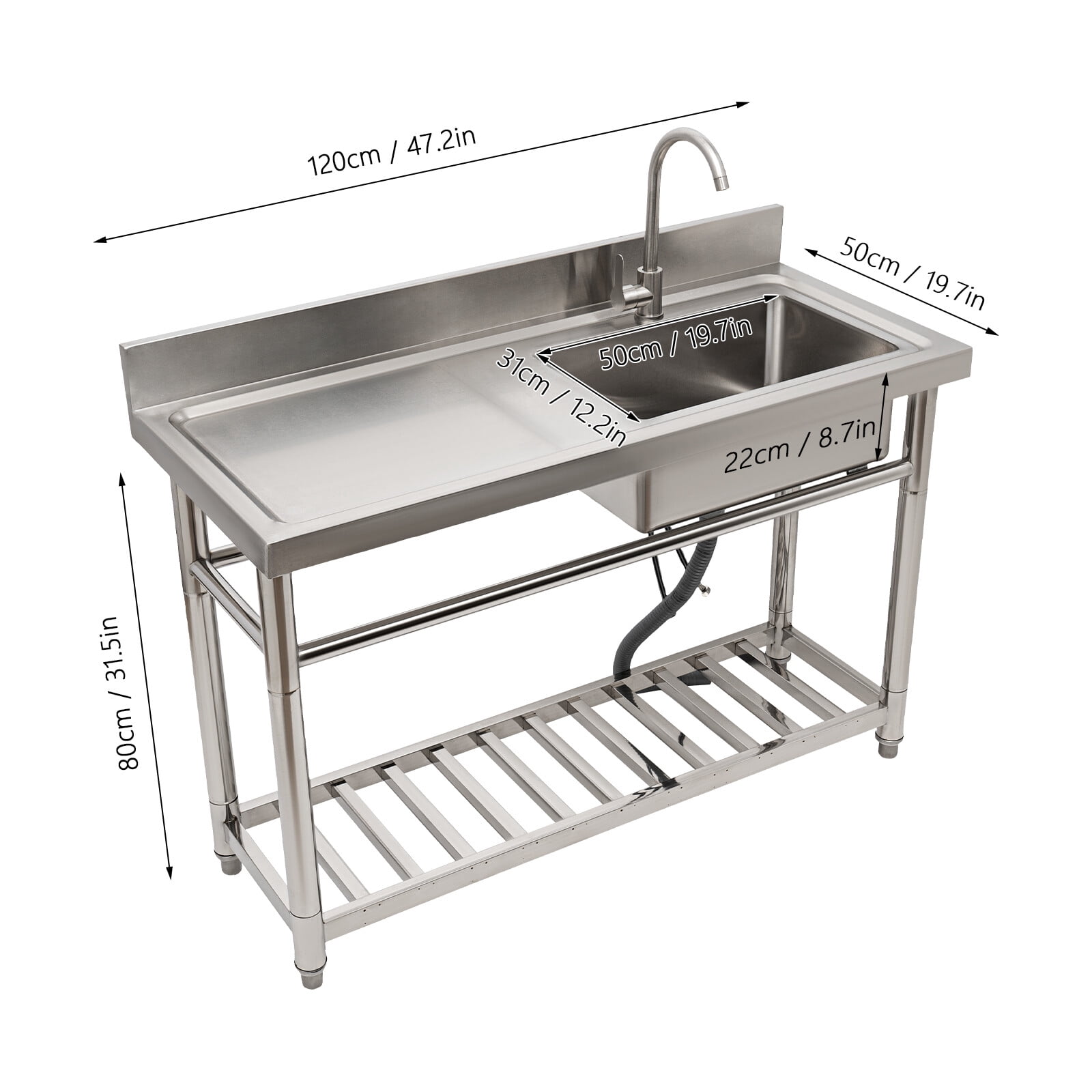 47" Commercial Kitchen Sink Prep Table w/ Faucet Stainless Steel 1 ...
