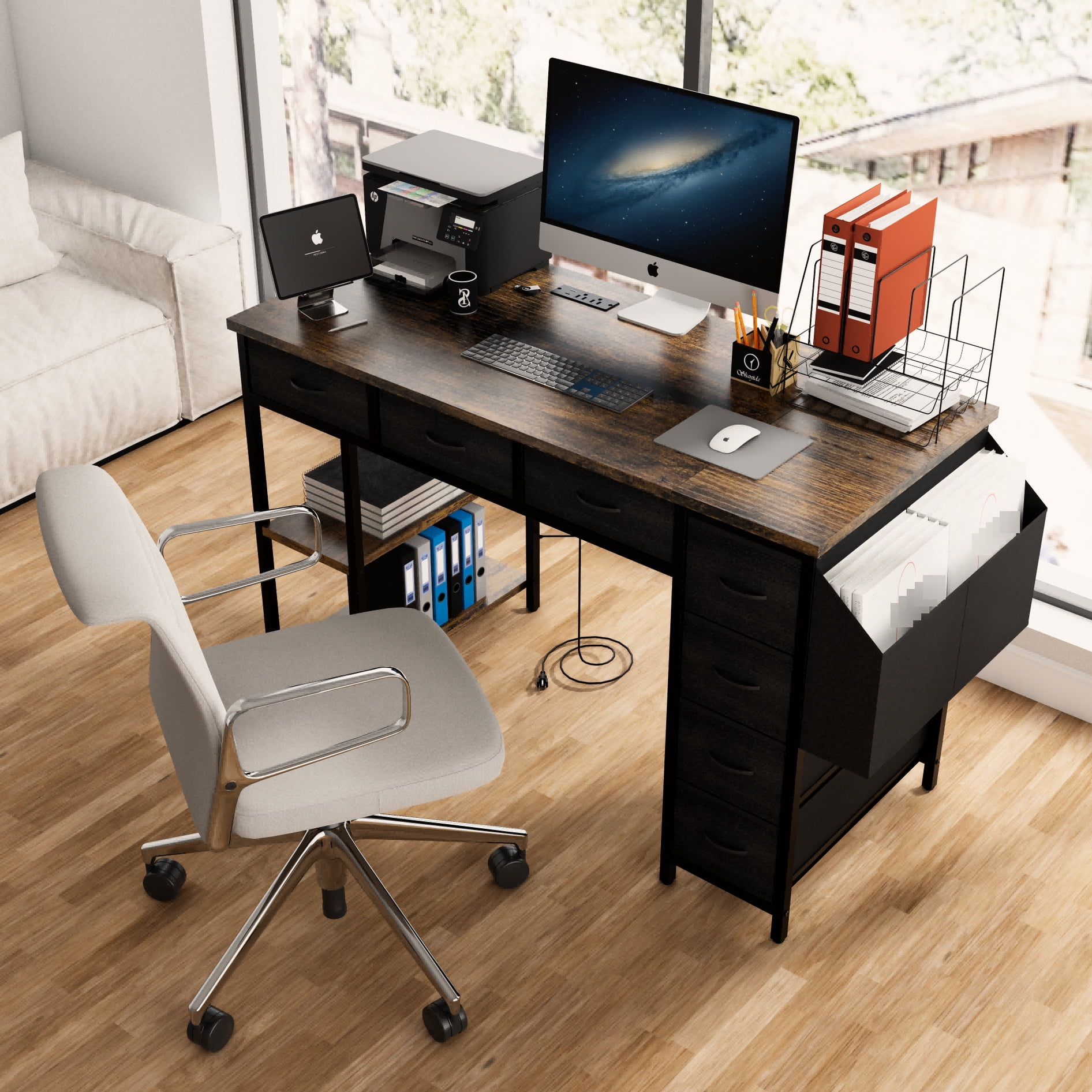 47" Computer Desk With Charging Sockets, Rustic Brown. 7 Fabric Drawers ...