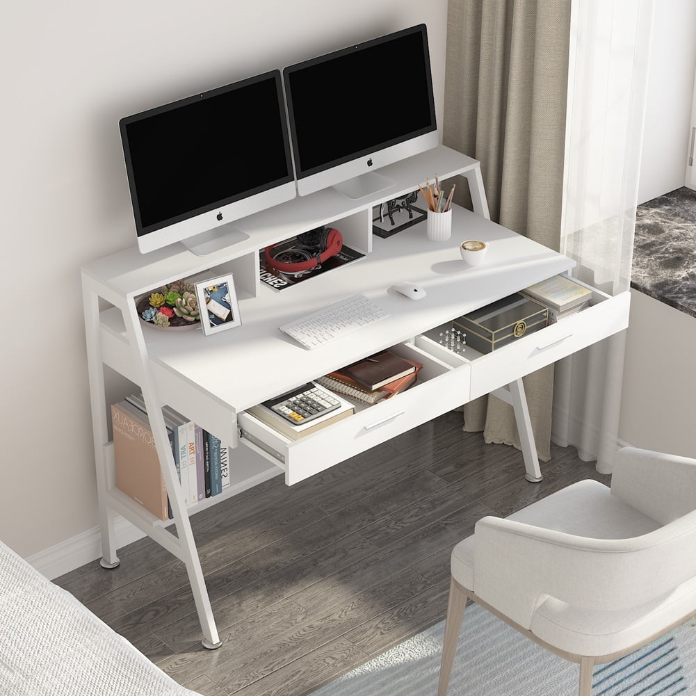 47" Computer Desk with Drawers & Shelf & Monitor Stand Riser White ...