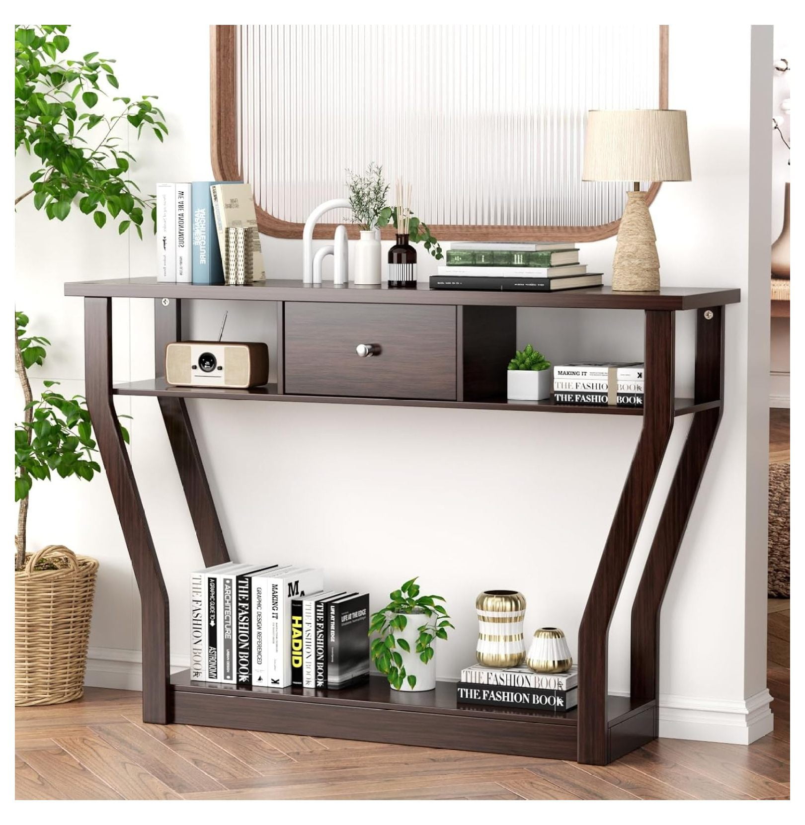 47'' Console Table with Storage Drawer and Shelves, Narrow Sofa Table ...