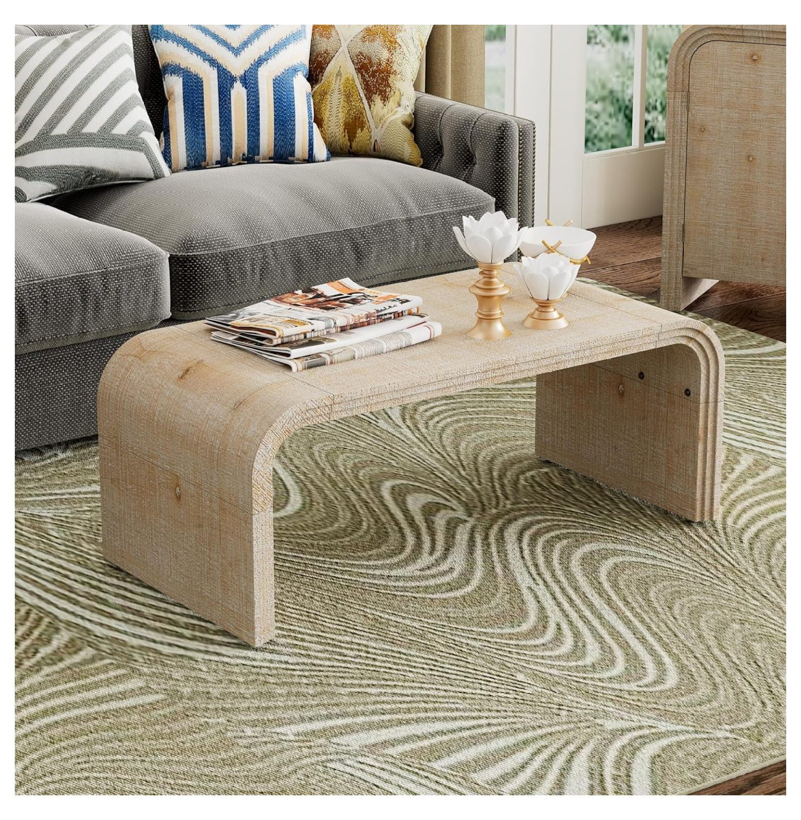 47'' Curved Coffee Table for Living Room, Modern Rustic Minimalist ...