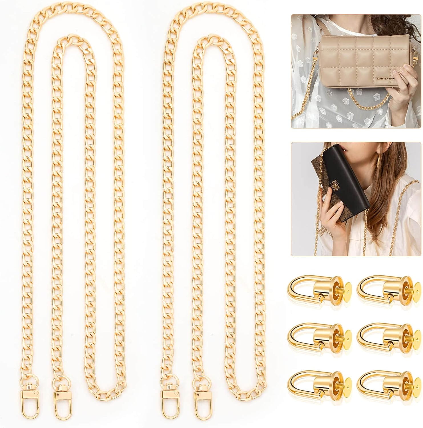 47" DIY Gold Shynek 2 Pieces Flat Chain Strap With D Ring Rivets, Purse ...
