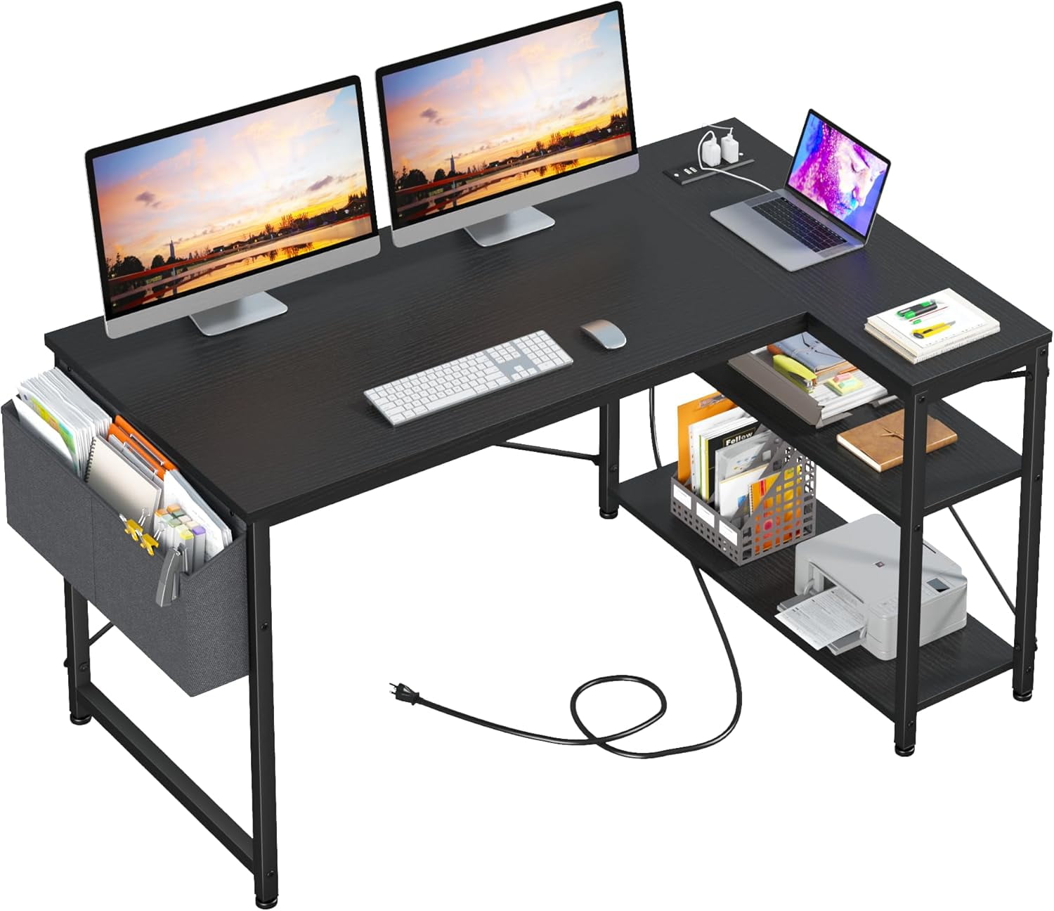 47" Desk with Power Outlets, Office Desk with Storage Shelves, L Shaped ...