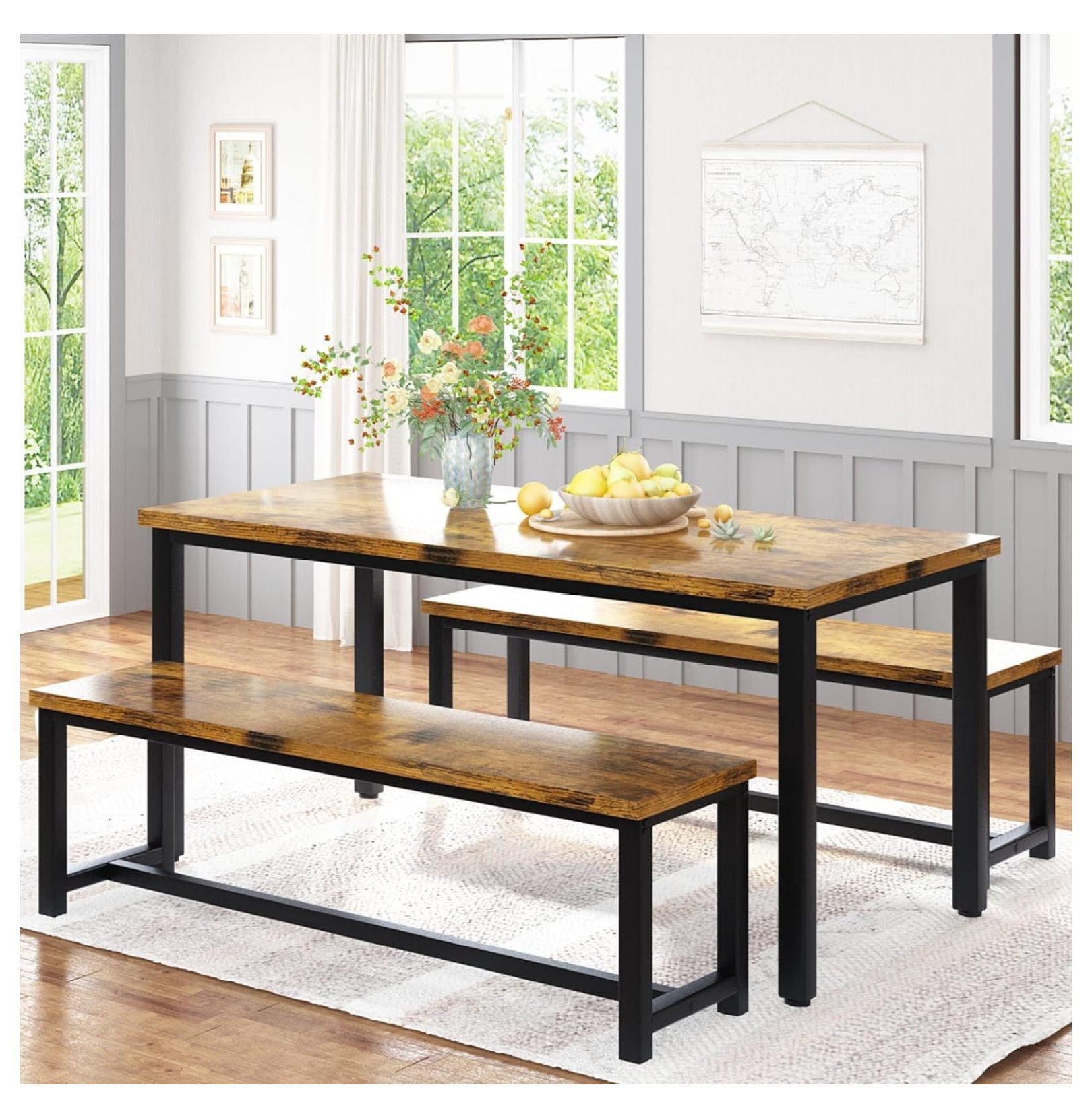 47” Dining Table Set with Benches, 3 Pieces Dining Room Table Set for 4 ...